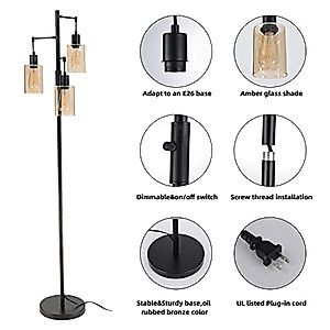Liylan Farmhouse Floor Lamps Dimmable for Living Room, Oil Rubbed Bronze Tree Standing lamp , 3 Lights Tall Pole Lighting with Amber Glass Shade