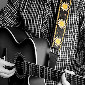 BestSounds C-150 Leather Adjustable Guitar Strap, Sun Jacquard Weave For Bass Electric and Acoustic Guitars, Black