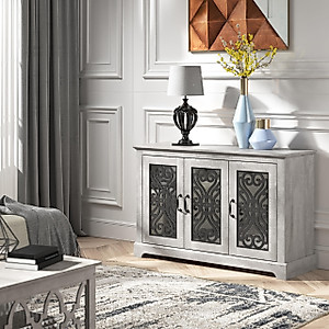 Galano Calidia 3 Door Sideboard, Kitchen Storage Sideboard Buffet Cabinet Console with Acrylic Mirror Doors & Adjustable Shelves, 15.67" D x 45.71" W x 29.29" H, Dusty Grey Oak