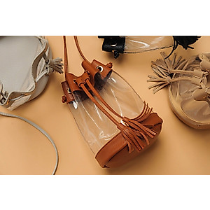 HOXIS Clear Purse Drawstring Bucket Crossbody Bag with Tassel Women PVC shoulder handbag for stadium approved (Brown)