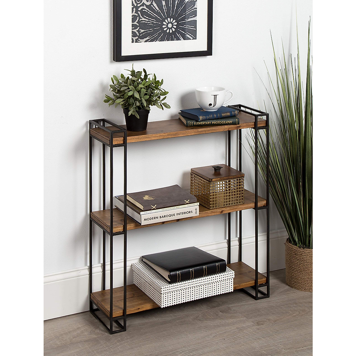 Kate and Laurel Lintz Modern Industrial Solid Wood with Black Metal Frame Floating Wall Shelves, Rustic Brown