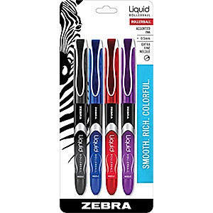 Zebra Pen Liquid Rollerball Pens, Needle Point 0.5mm, Assorted Color, 4-Count
