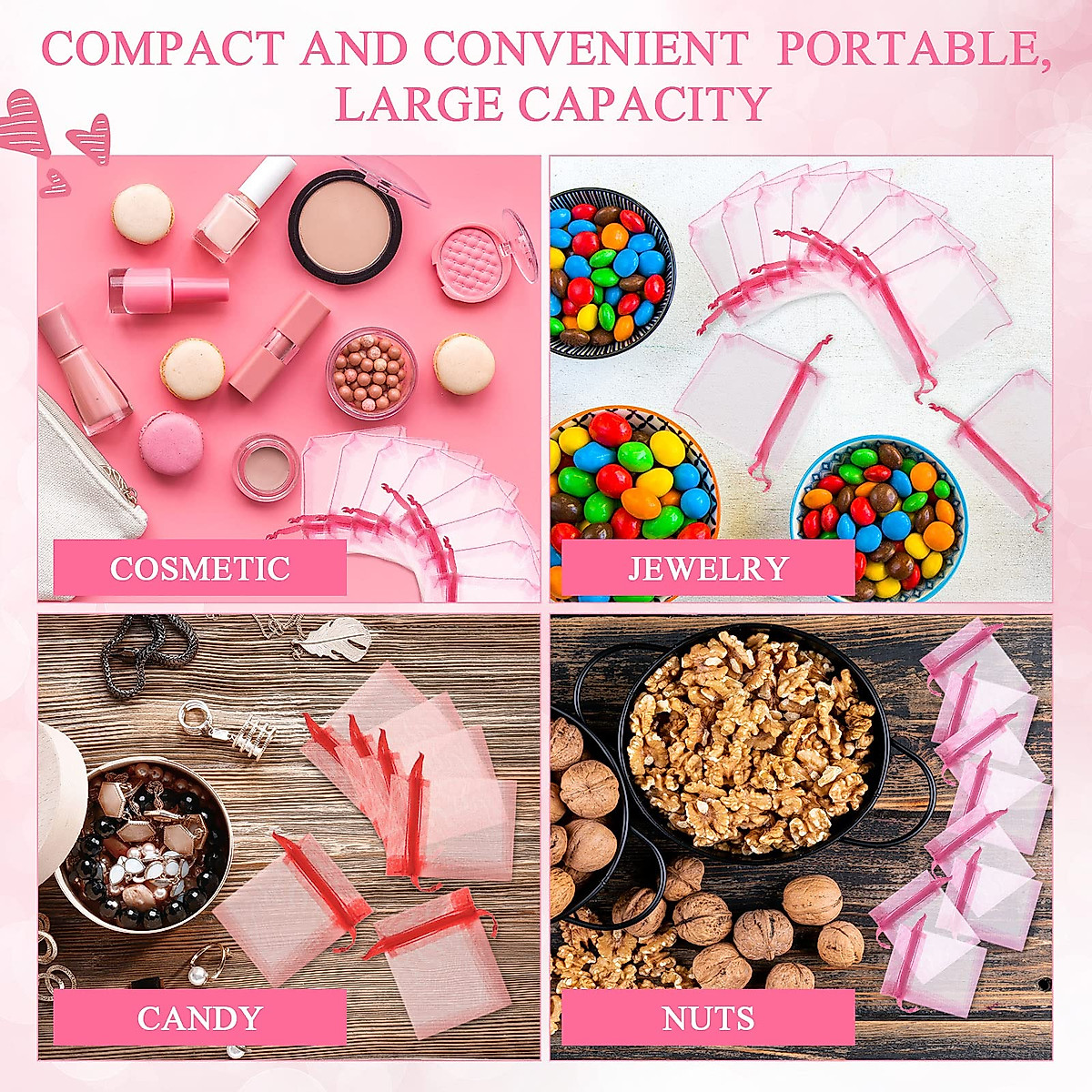 300 Pcs Valentine's Day Heart Candy Bags Organza Jewelry Pouches Drawstring Bags Valentine Love Heart Gift Bags Wedding Gift Pouch Drawstring Pouch for Gift Packaging (Sheer Pattern, 2.76 x 3.54 Inch)