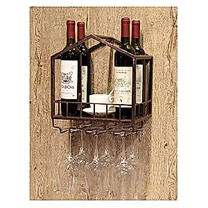 Stylish Simplicity Wine Rack Wall-Mounted Wine Rack and Glass Holder,Vintage Pine Wood and Wrought Iron Combination, Home and Kitchen Bar Decoration Accessories, Multi-Style Color Size Optional , PIB