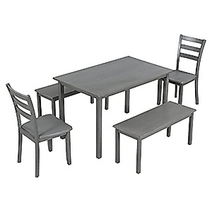 NCKMYB 5 Piece Dining Set, Rectangular Dining Table with 2 Chairs and 2 Benches, Rustic Wooden Dining Set for Kitchen Dining Room Restaurant (Grey)