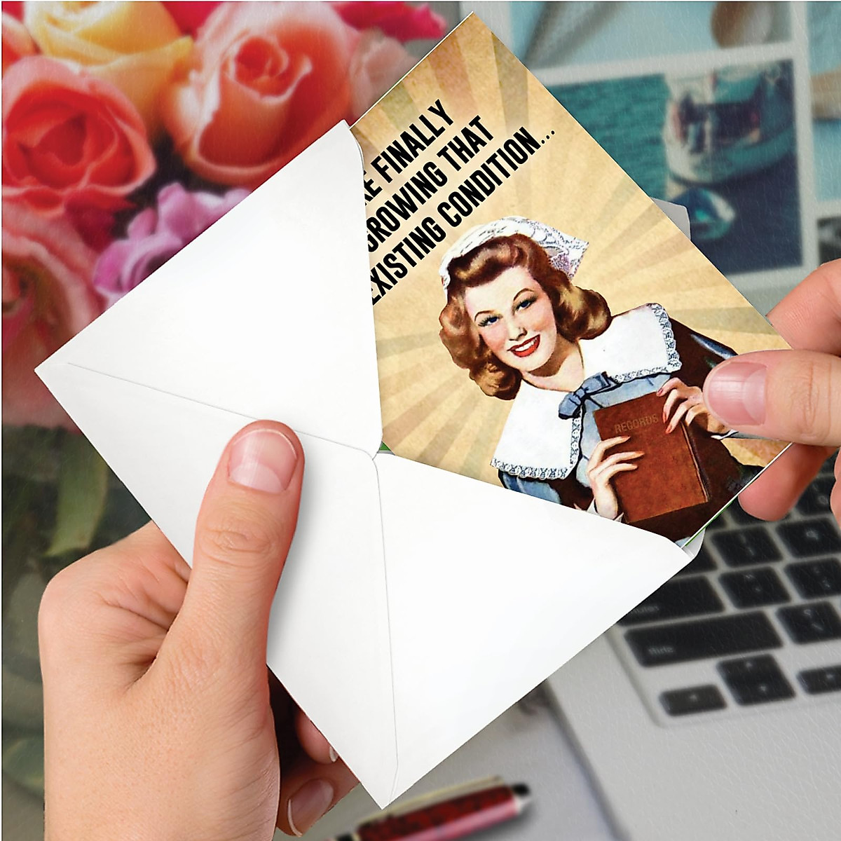 NobleWorks - 1 Funny Happy Birthday Greeting Card - Retro Woman Humor, Notecard Talk Bubbles - Pre-Existing Condition C9364BDG