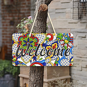 xigua Hanging Plaque Welcome Sign with String, Gate Wall Sign for Front Door Porch Garden Farmhouse Home Bar Cafe Doors Decor, Mexican Talavera Ceramic