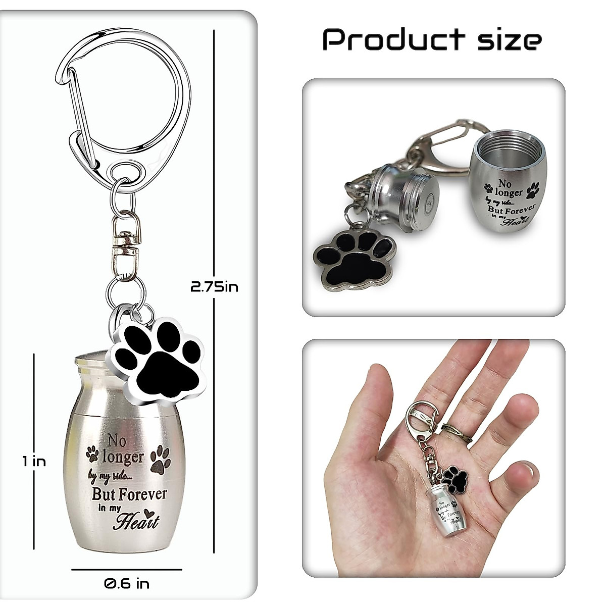 GCVOPTON 2 Pcs Pet Urns Keychain, Stainless Steel Cat Ashes Urn, Small Pet Urns for Dogs Ashes Keepsake, Pet Dog Cat Cremation Jewelry Pend Paw Print Memorial Urn with 2 Black Velvet Storage Bags