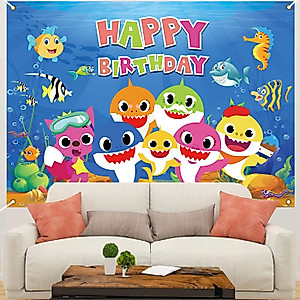 RitzyBiz Baby Shark Backdrop for Birthday Party Supplies (7x5 feet) Blue Cartoon Whale Ocean Photo Background for Baby Shower Decoration Boys Girls Photography Backdrop (Blue)