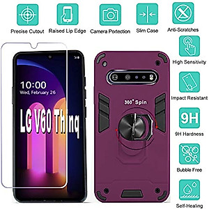Folmeikat LG V60 Thinq/LG V60 Thinq 5G/ LG G9 Thinq Case, Screen Protector [2Pack] 360 Degree Rotating Metal Ring Slim Shock Absorption Reinforced Corner Soft TPU Silicone Case 6.8" (Wine red)