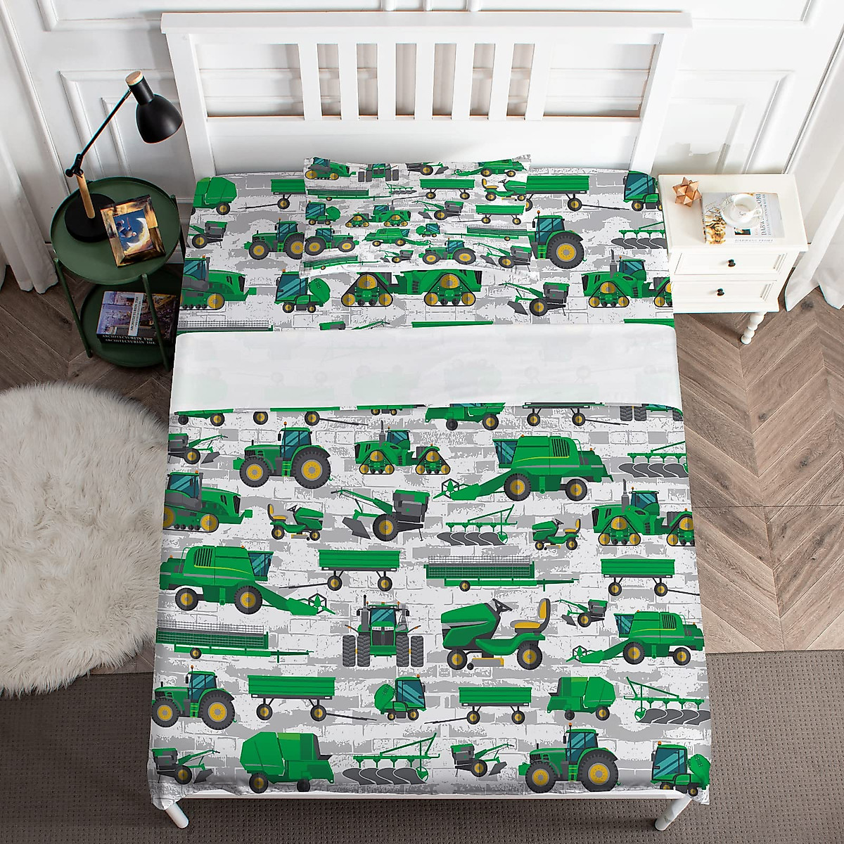 Jekeno Full Size Kids Bedding Sheet Linen Set, Excavator Car Printed Bedroom Decor Bed Sheet Set with Deep Pocket Fitted Sheet + Flat Sheet + 2 PCS Pillowcases for Children Teenager