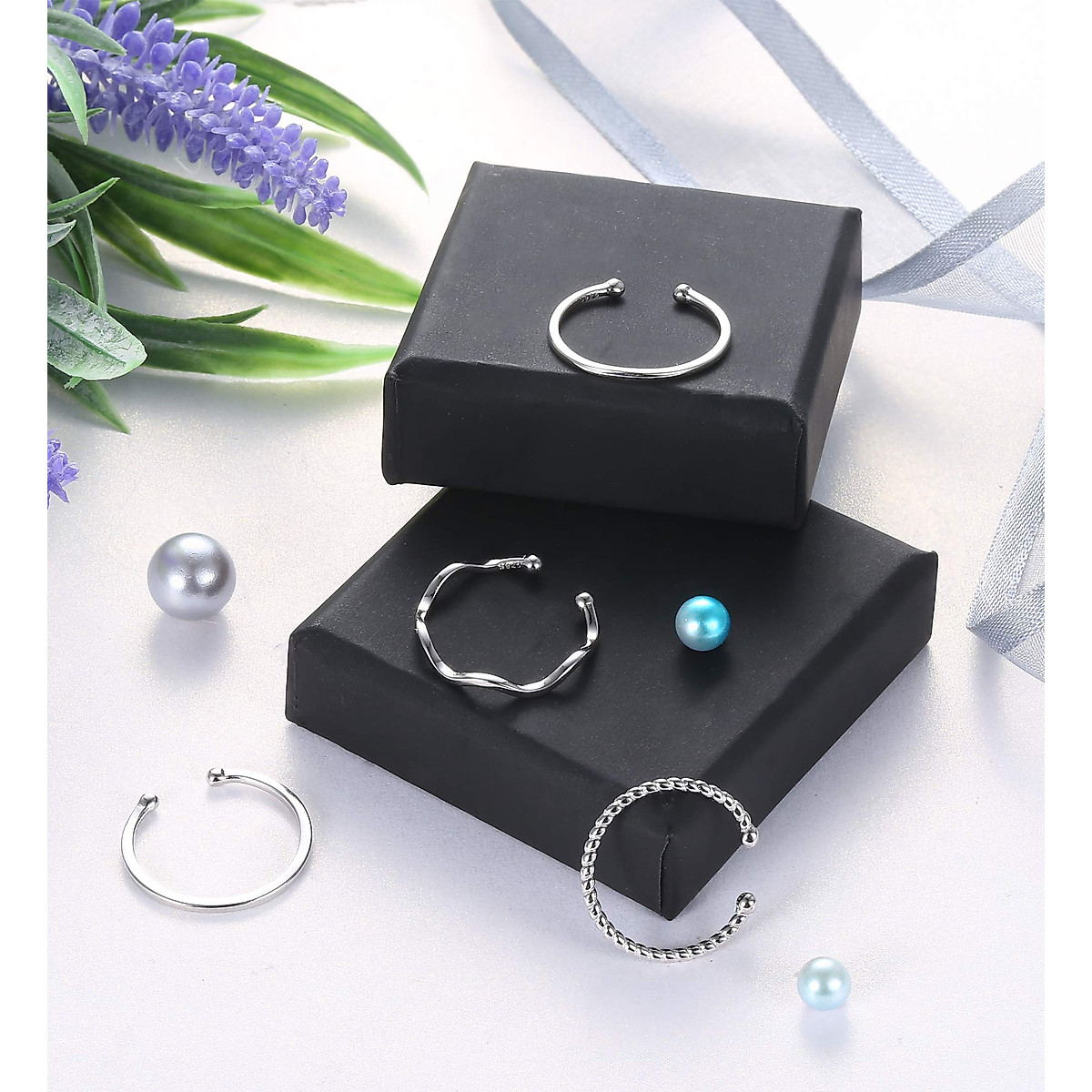 JOERICA 4 Pcs 925 Sterling Silver Rings for Women Hypoallergenic Open Thin Band Rings Adjustable Minimalist Plain Twist Stackable Rings Set