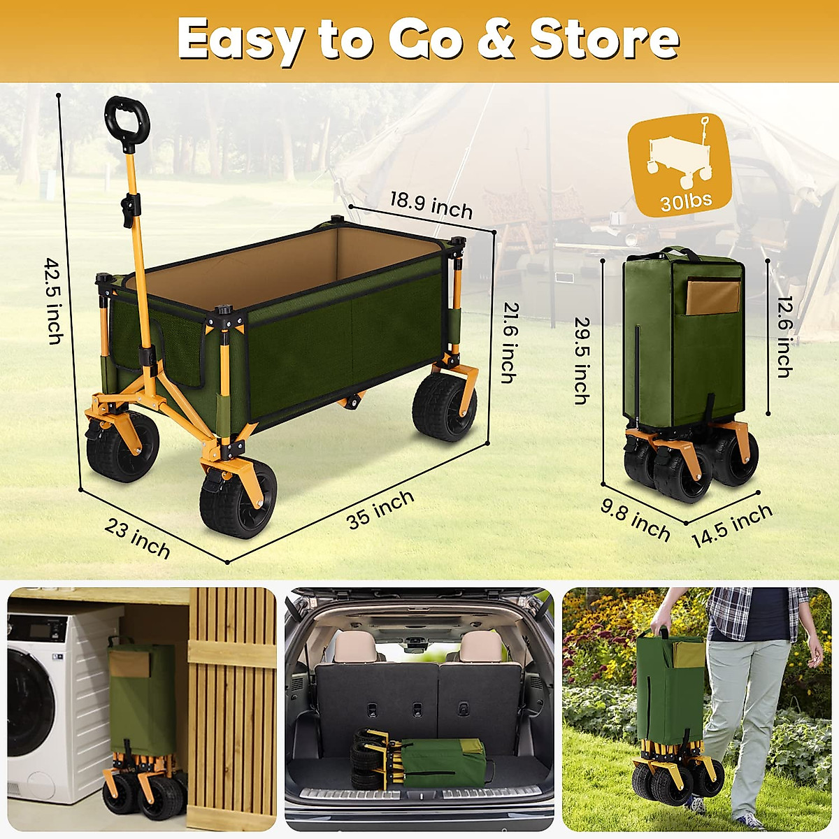 Calanofin Collapsible Folding Wagon Cart Utility 180L Portable Heavy Duty Garden Cart with All-Terrain Beach Wagon with Big Wheels for Sand, Side Pockets & Drink Holders for Shopping Camping Outdoors