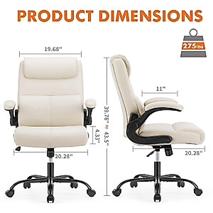 Sweetcrispy Ergonomic Executive Office Chair: Mid Back Desk Chair with Wheels Computer Chair with Lumbar Support Height Adjustable PU Leather Office Chair Flip up Arms, Beige White