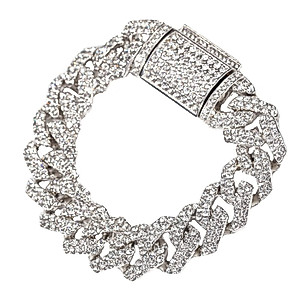 18mm Cuban Link Bracelet for Men Women, Bracelet Chain Curb Chain, Bling Rhinestone Bracelet Clasp Chain, Hip Hop Jewelry, Silver, 18x1.8cm (009316MNWRBR71MFV)