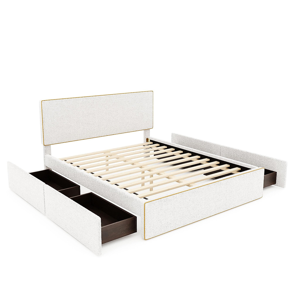 Queen Size Bed Frame with 4 Storage Drawers, Modern Upholstered Platform Bed with White Edge On The Headboard & Footboard, Wood Slat Support, No Box Spring Needed (White-Queen)