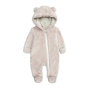 Baby Boy's Fleece Snowsuits 0-12 Months Toddlers Cute Bear Cartoon Jumpsuits Winter Hooded Rompers with Zipper Closure Beige 3-6M