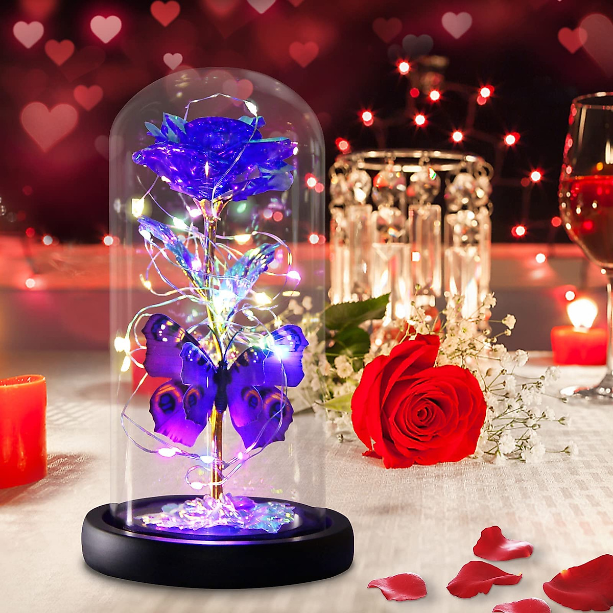 Valentines Rose Gifts for Her Birthday Flower Gift for Women, Galaxy Purple Butterfly Rose in Glass Dome, Light Up Forever Rose Birthday Gifts for Mom Anniversary Valentine's Day Eternal Rose Gift