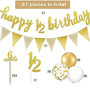 Skylety 51 Pieces 6 Months Birthday Decorations Happy Half Birthday Banner 6 Month Cupcake Topper Pick 1/2 Half Year Cake Topper Triangle Flag Banner Confetti Balloons for Girl Boy Baby Shower (Gold)