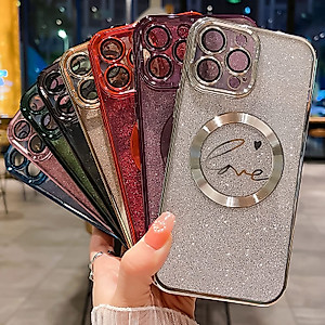 MGQILING Compatible with iPhone 13 Pro Max Magnetic Glitter Case-6.7 Inch, Luxury Love Heart Pattern Plating Clear Case, Compatible with MagSafe for Women Girls Shockproof Back Cover-Pink