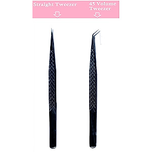 Lash Tweezers for Eyelash Extensions | Stainless Steel - Diamond Grip Straight & 45 Degree Volume | Tip with Free Mirror for Women, Makeup, Lashing, Fans Professional Tool Kit 14 cm Black