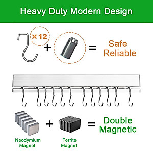 YIIYIIN 17" Premium 304 Stainless Steel Double-Sided Magnetic Knife Holder for Wall or Fridge -with Adhesive Strip, No Drill - 12 Hooks Included for Kitchen Utensils