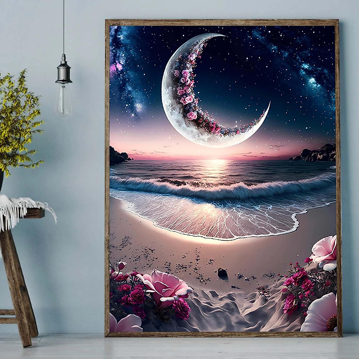 Moon Diamond Painting Kits for Adults,The Beach at Night Diamond Art Kit,Diamond Painting Full Drill Round for Gift,Wall Decor,Relaxing