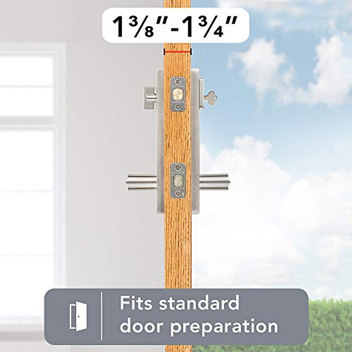 Baldwin Spyglass Single Cylinder Front Door Handleset Featuring SmartKey Security in Satin Nickel, Prestige Series with a Modern Contemporary Slim Door Handleset and Square Lever