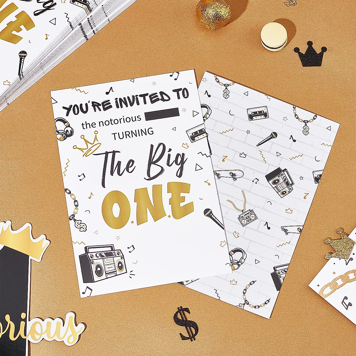 Fangleland The Notorious One Birthday Decorations, 25 Set of Black and Gold The Big One Theme Invitations with Envelopes, Hip Hop Theme 1st Birthday Invite Cards for One Year Old Party Supplies