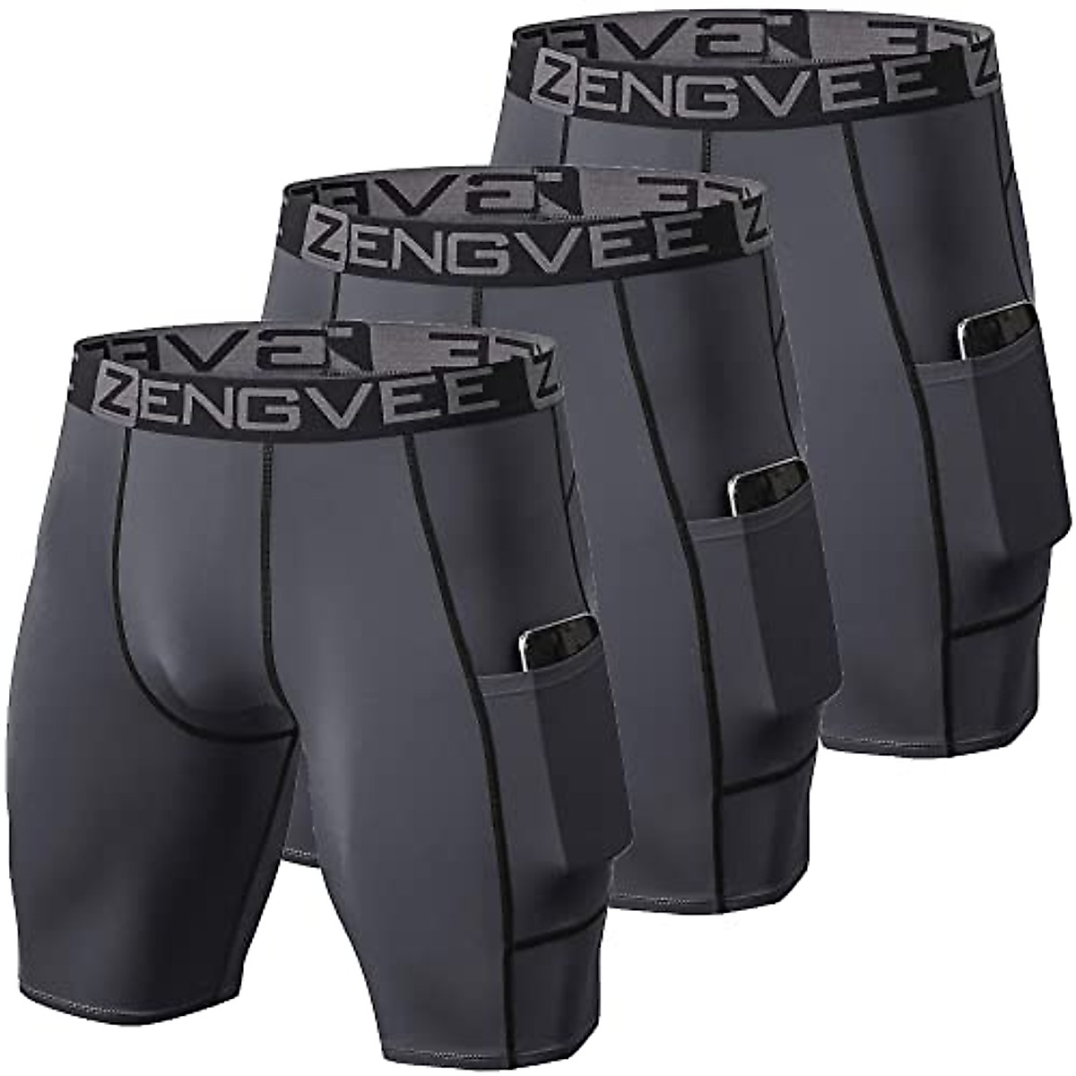ZENGVEE Compression Shorts Men 3 Pack with Pocket Running Short Mens Gym,Workout,Cycling,Swimming,Yoga,Climbing,-(1011-3Grey-M)
