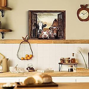 familypers Cow Wall Art Friends in The Window Landscape Cattle Prints Rustic Funny Animals Wall Decor Paintings Retro Home Decoration for Living Room Country Farmhouse 16x24 Inch