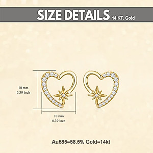 14k Solid Gold Star Heart Earrings for Women Cubic Zirconia Stud Earrings ，Gifts for Valentine's/Anniversary/Mother's Day