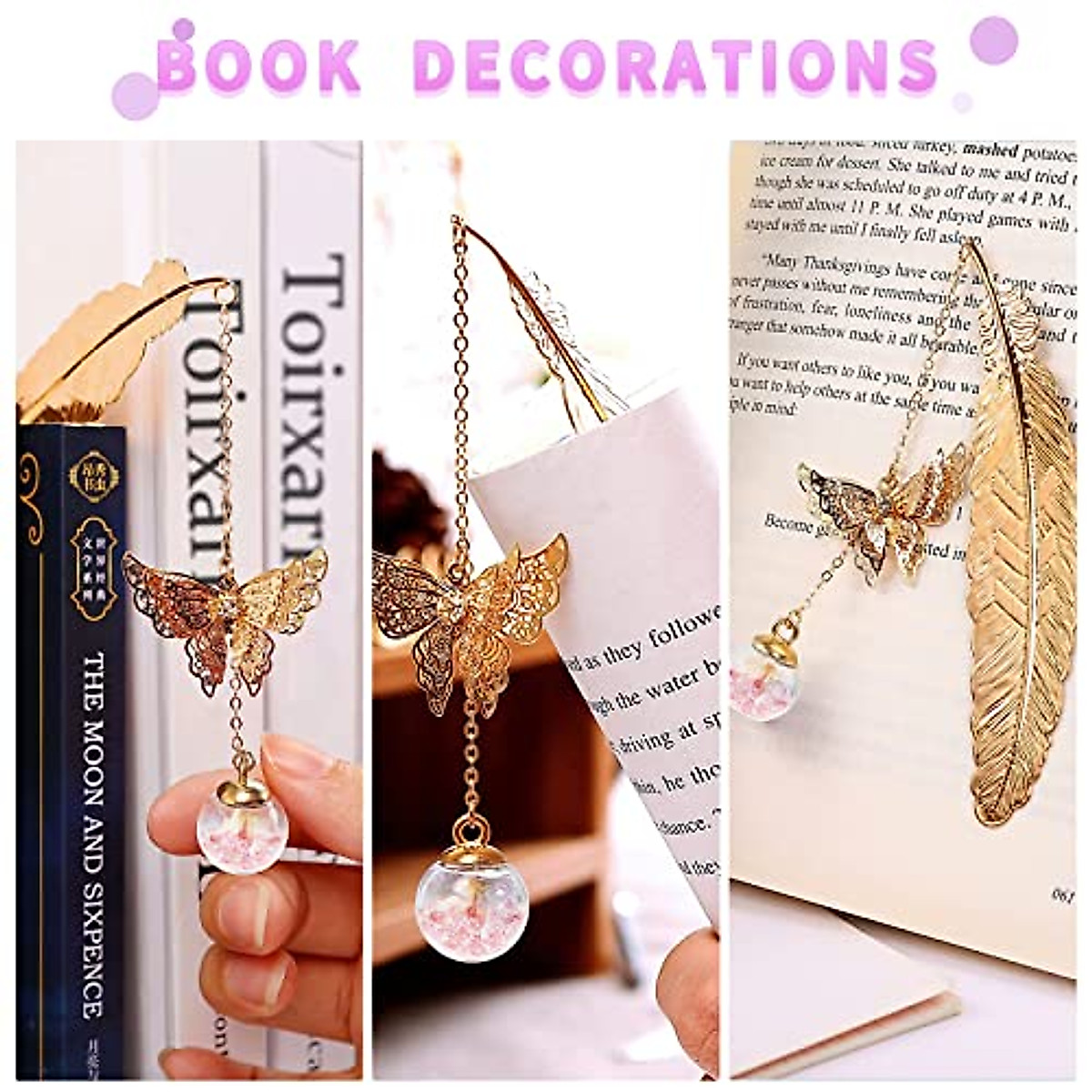 Metal Feather Book Marks for Book Lovers Book Marks Cute Fancy 3D Butterfly Pendant for Mothers Day Thanksgiving Valentine's Day Graduation Teacher Appreciation Gifts to Women Girls Readers