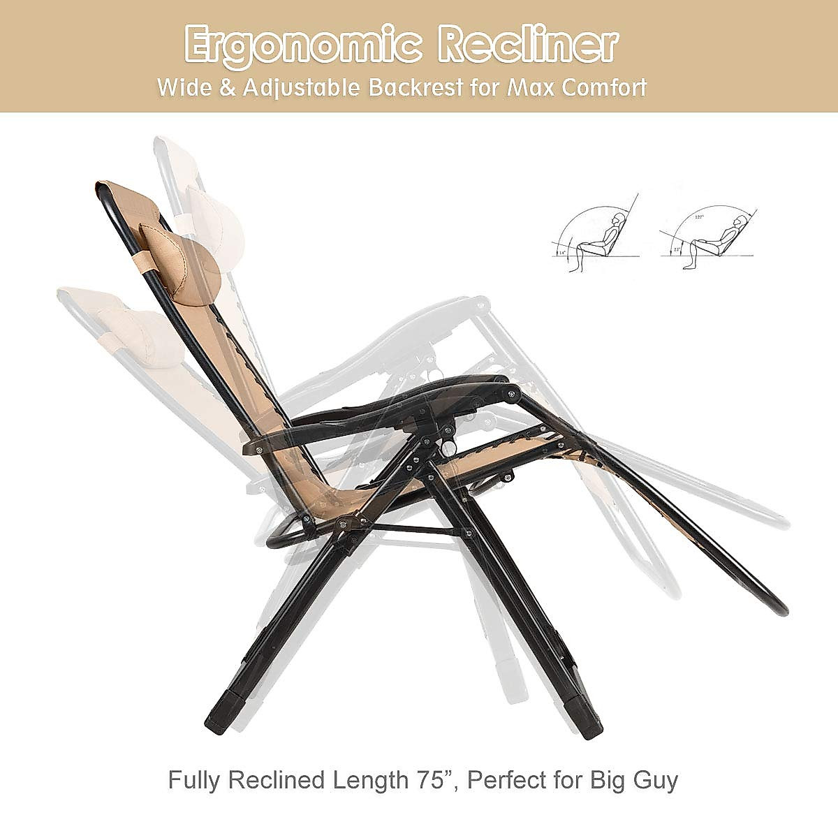 Goplus Zero Gravity Chairs, X-Large Outdoor Lounge Lawn Chair with Cup Holder & Detachable Headrest, Adjustable Folding Patio Recliner for Pool Porch Deck Oversize (Beige)