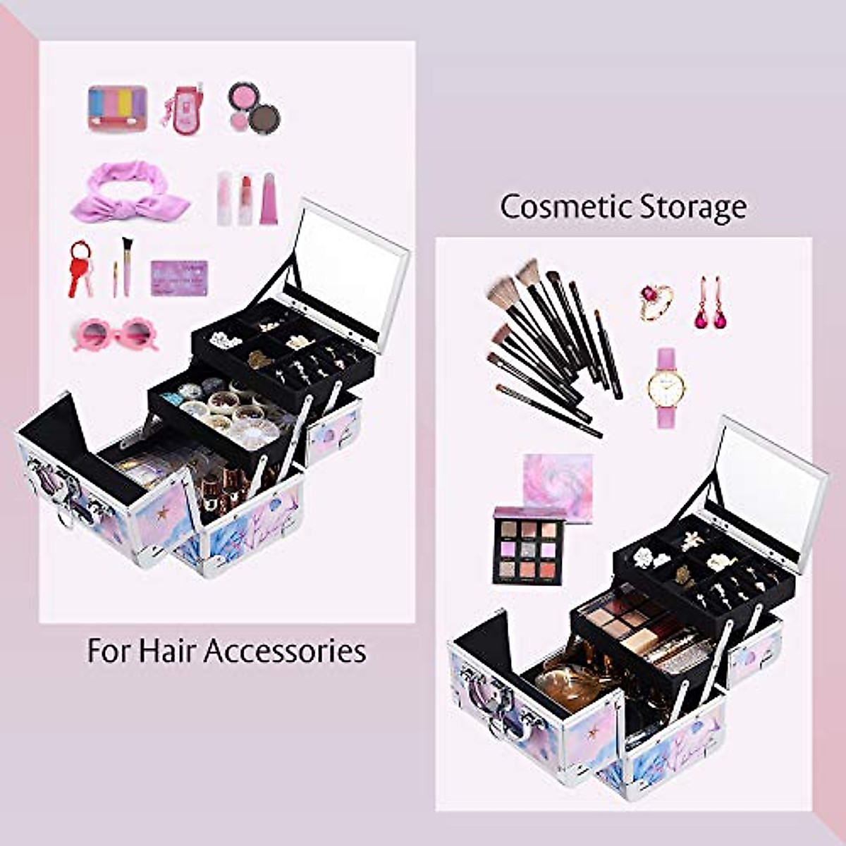 Joligrace Makeup Train Case for Girls Cosmetic Box Kids Jewelry Organizer Hair Accessories Storage Lockable with 2-Tier Trays & Mirror Mermaid Princess