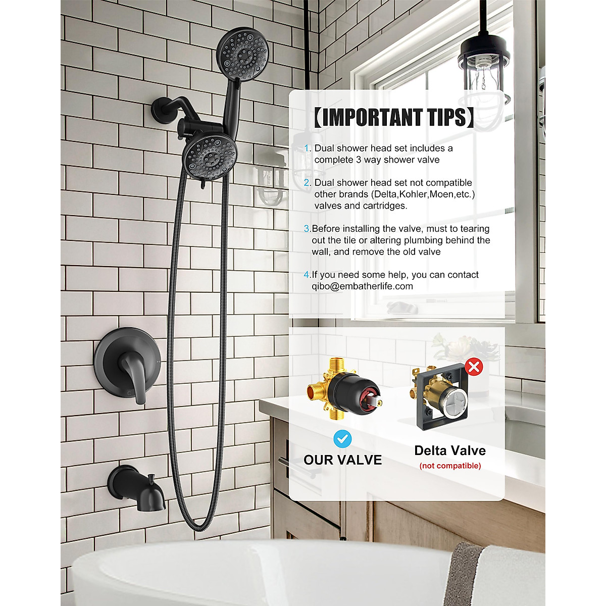 EMBATHER Tub and Shower Faucet Set, Dual Shower Head with Bathtub Faucet Set, Single-handle Control Shower Valve and Trim Kit, Matte Black