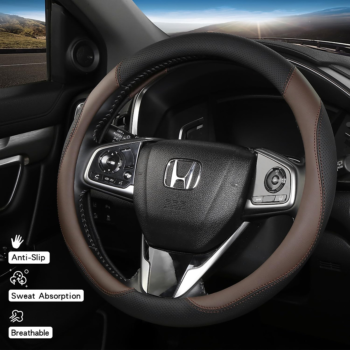 Steering Wheel Cover, Universal 15 inch, Microfiber Leather, Anti-Slip Car Steering Wheel Cover Steering Wheels Accessories for Men Women,Fit Vehicles, Sedans, SUVS, Vans, Trucks,Brown