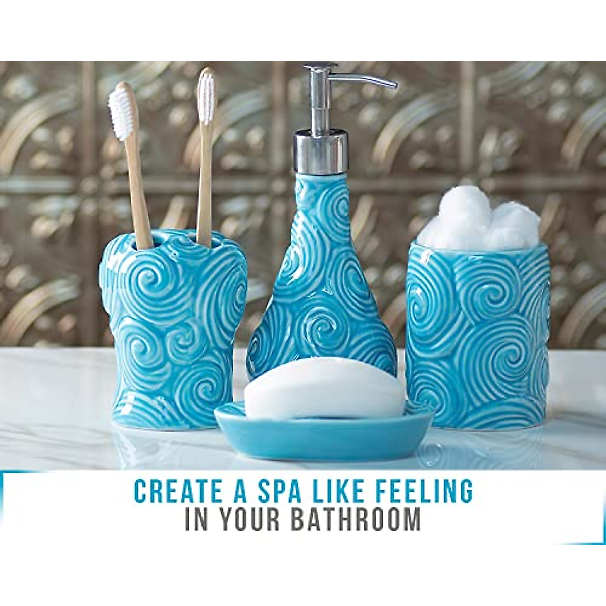 Designer - 4 Piece Bathroom Accessories Set - with Soap or Lotion Dispenser, Toothbrush Holder, Tumbler and Soap Dish - Glossy Finish - Porcelain (Ocean Waves, Aqua Blue) Holds 15.6oz