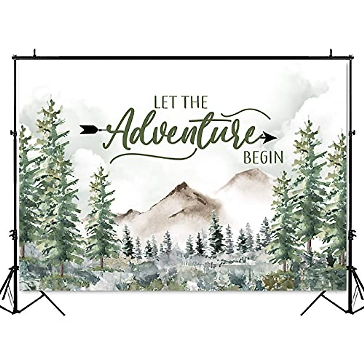 Mocsicka Let The Adventure Begin Backdrop Adventure Awaits Baby Shower Birthday Party Decoration Rustic Forest Mountains Woodland Photography Background (7x5ft (82x60 inch))