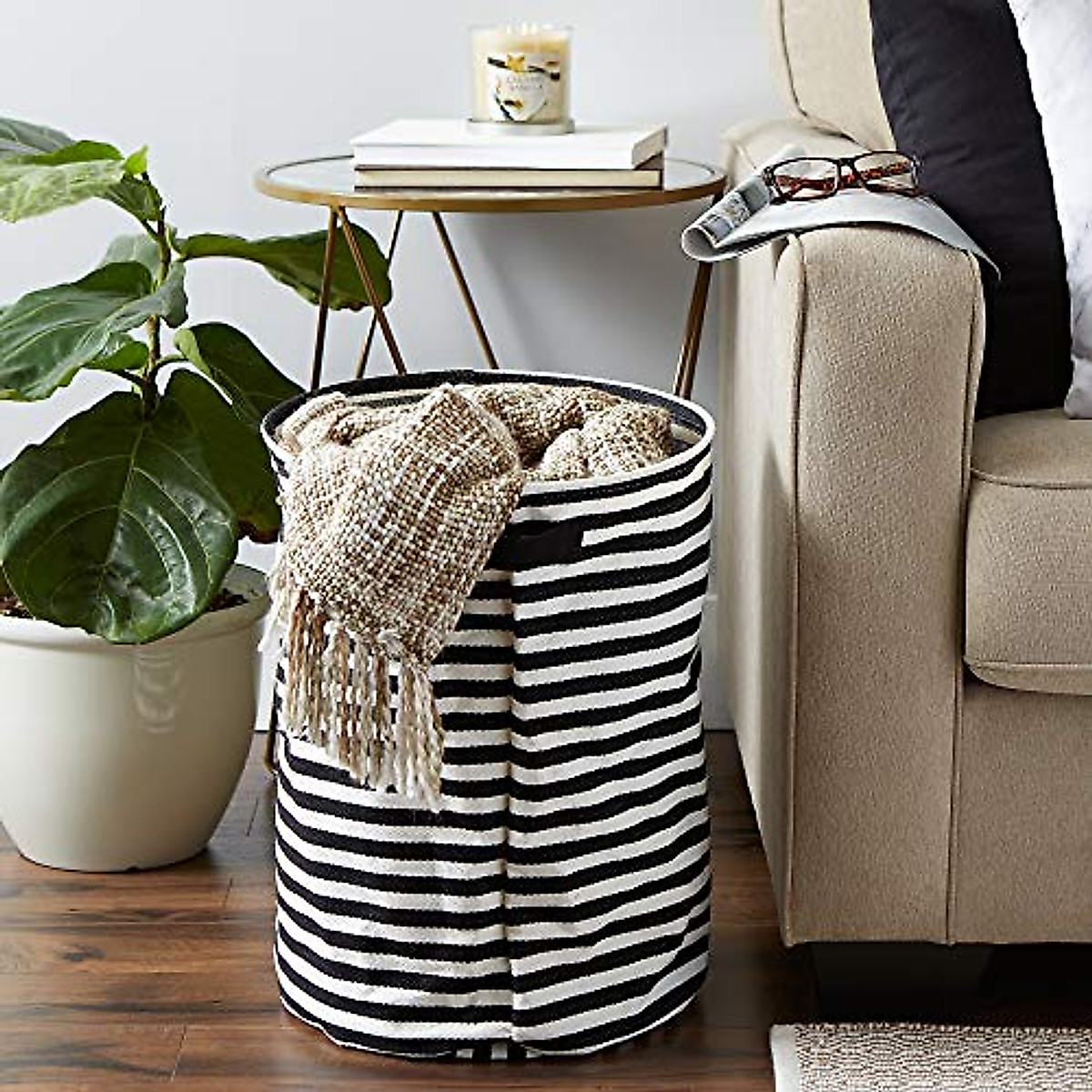 DII Laundry Storage Collection Cabana Stripe Collapsible and Waterproof Bins, Round Hamper, 13.75x20, Black