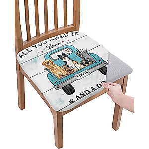 Blue Old Car with Kind of Puppies Seat Covers for Dining Chairs, Stretch Kitchen Chair Slipcovers, Retro Wooden Stripes Grain Dining Room Chair Covers Removable Office Chair Cover Protector Set of 6