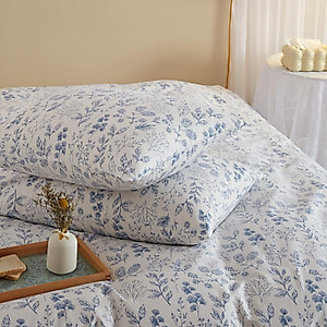 3 Pieces Duvet Cover Queen Size White Bedding Duvet Cover with Blue Floral Print,Soft Cotton Coquette Bedding Comforter Cover Boho Style,Aesthetic Queen Bedding Set with Zipper Closure 4 Ties