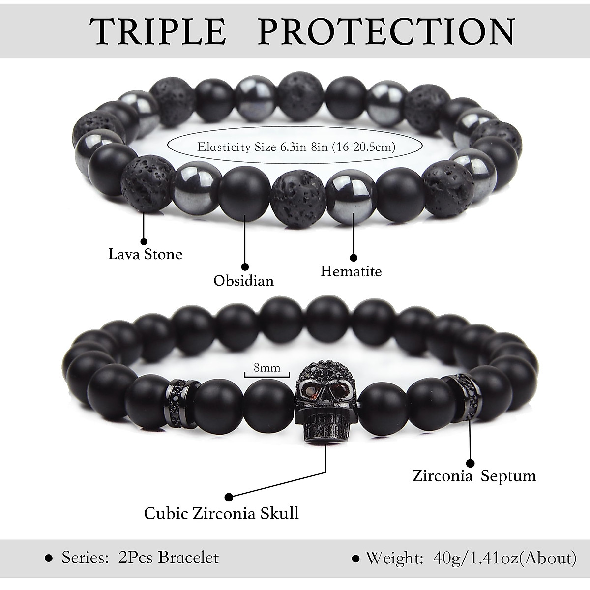 Black Obsidian Bracelet - Skull Bracelet - Tourmaline Beaded Bracelets - 8MM Black Onyx Hematite Lava Stone Beads Triple Protection Bracelet for Men Women Gifts