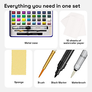 ARTISTRO Watercolor Paint Set, 48 Vivid Colors, Including Metallic and Fluorescent Colors. Perfect Travel Watercolor Set for Artists, Amateur Hobbyists and Painting Lovers