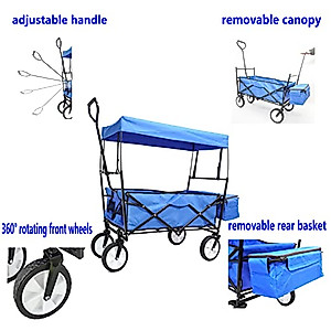 Wagon Cart with Wheels Foldable,Utility Garden Cart with Canopy,Outdoor Utility Wagon with Heavy-Duty Steel Frame,Collapsible Wagon,Red+Beige Trolley Cart Carry up to 150 Pounds (Blue)