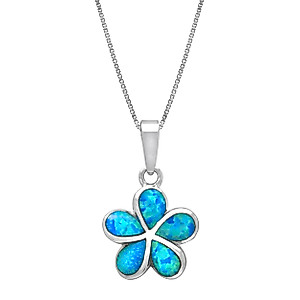 Honolulu Jewelry Company Sterling Silver Plumeria Flower Necklace Pendant with Simulated Blue Opal (19mm)