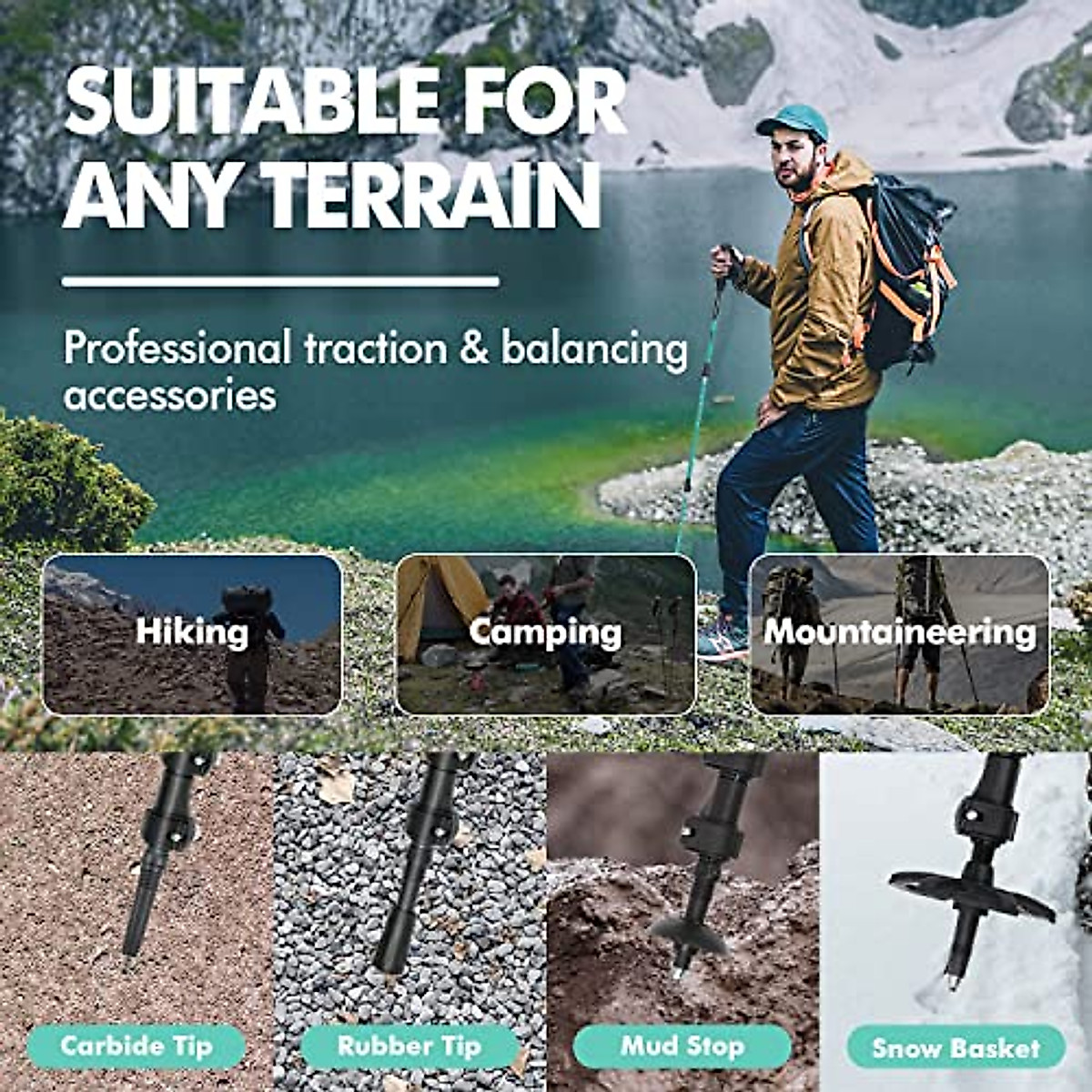 KINGGEAR Walking Stick for Hiking - Adjustable Quick Flip Lock Trekking Poles, Collapsible, Lightweight 7075 Aluminum, Natural Anti-Sweat Cork Grips, All Terrains