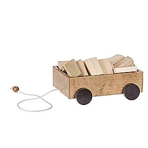 AmishToyBox.com Wooden Toddler Pull Wagon Toy with 24 Wood Building Blocks (Harvest Stain)