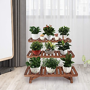 Ufine Freestanding 3 Tier Ladder Shelf Wood Plant Stand Indoor Outdoor Plant Display Rack Flower Pot Holder Planter Organizer