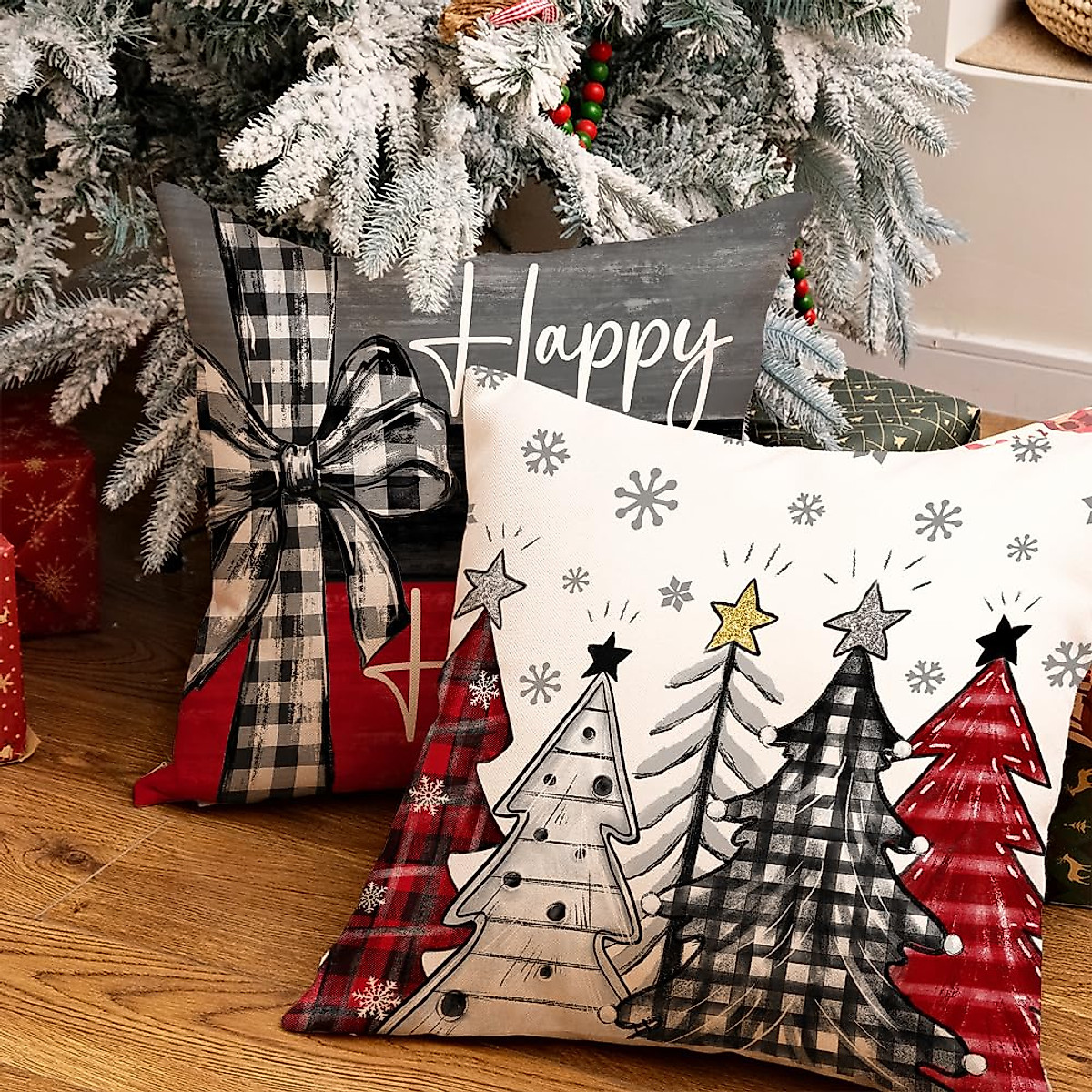 GEEORY Christmas Throw Pillow Covers 18 x 18 Inch Set of 4, Xmas Trees Merry and Bright Happy Holidays Farmhouse Decorative Cushion Cases for Home Decoration G418-18